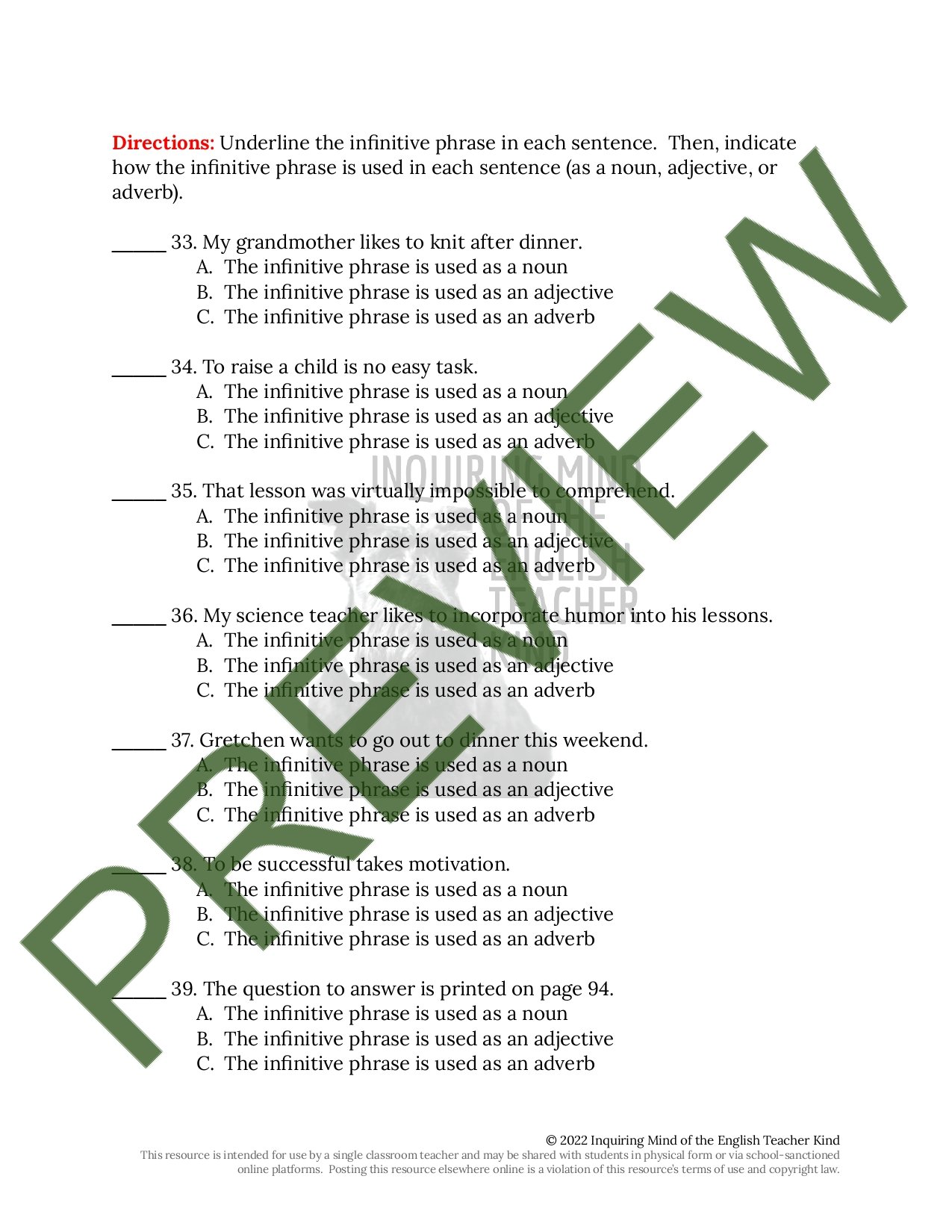 Grammar Practice Worksheet on Gerunds, Participles, and Infinitives for ...