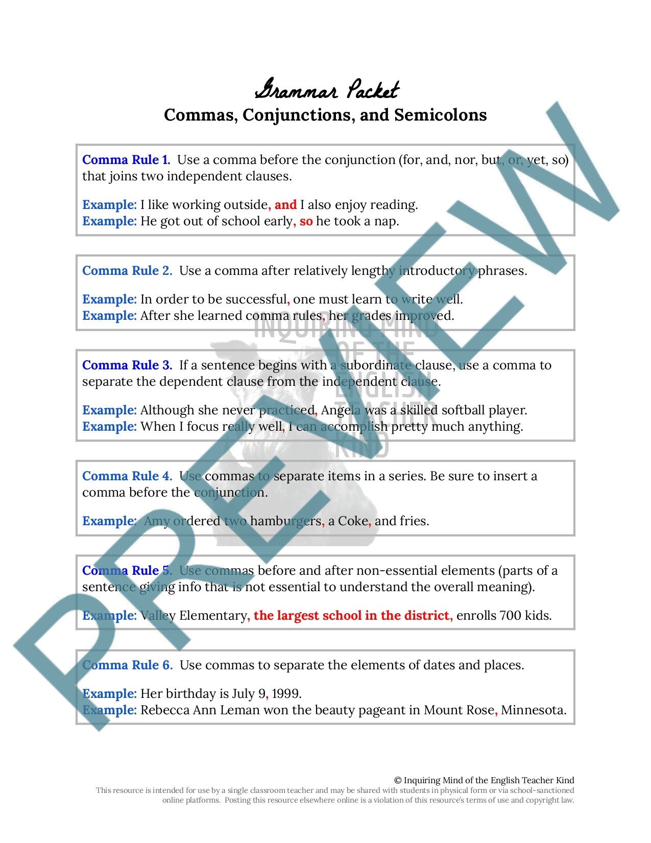 Grammar Worksheet on Commas, Semicolons, and Conjunctions with Answer ...