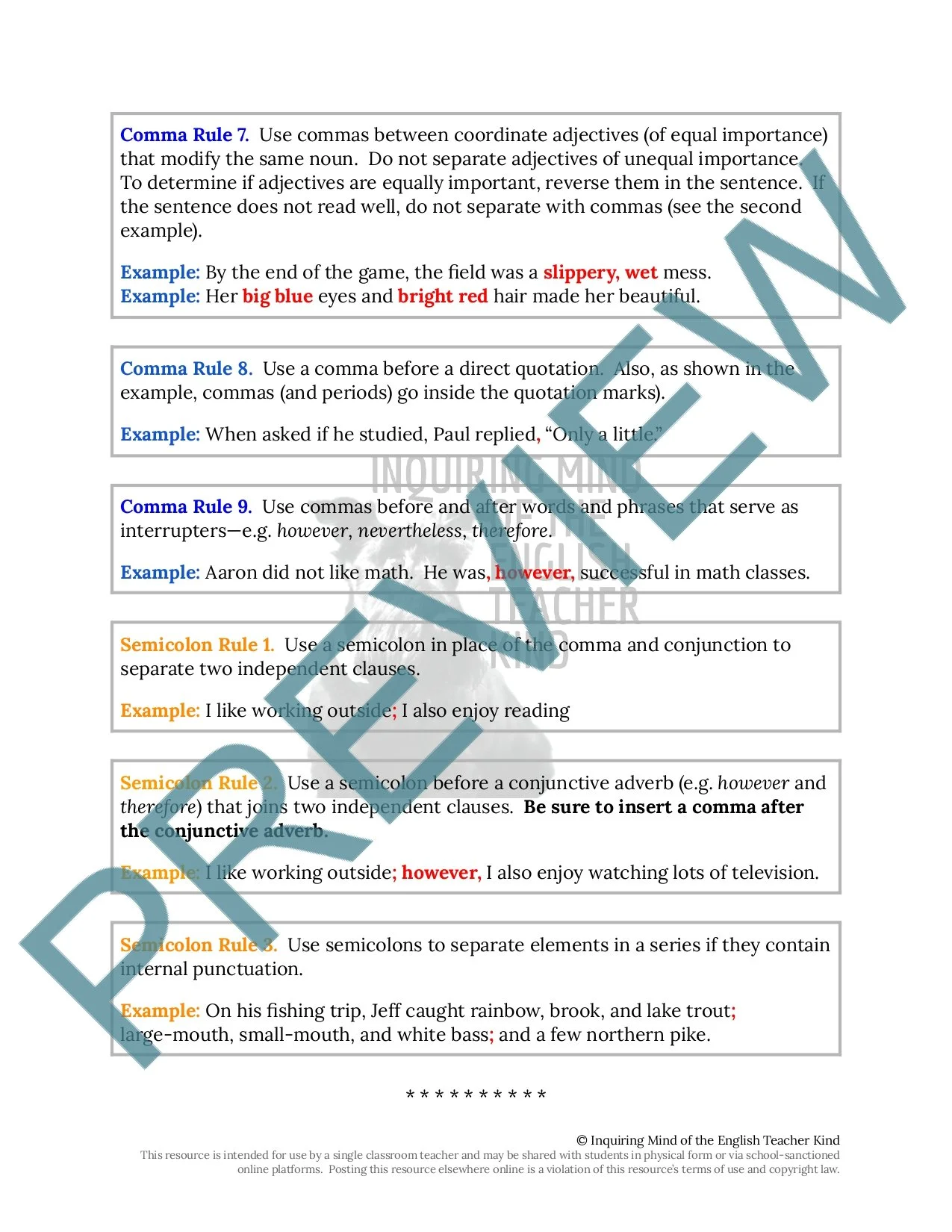 Grammar Worksheet on Commas, Semicolons, and Conjunctions with Answer ...