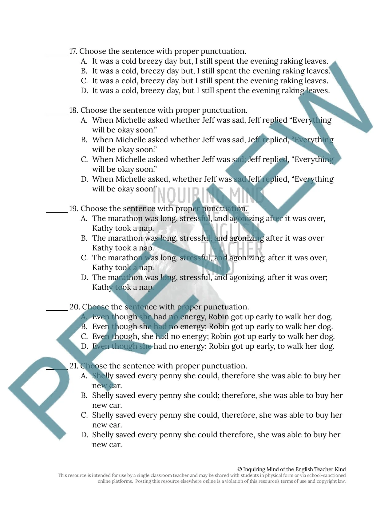 Grammar Worksheet on Commas, Semicolons, and Conjunctions with Answer ...