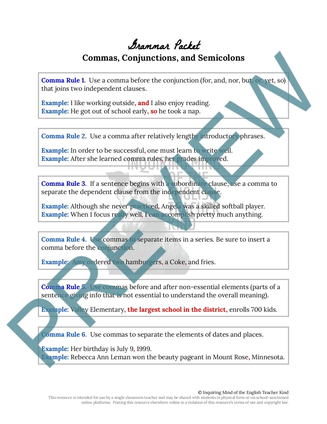 Grammar Worksheet on Commas, Semicolons, and Conjunctions with Answer ...