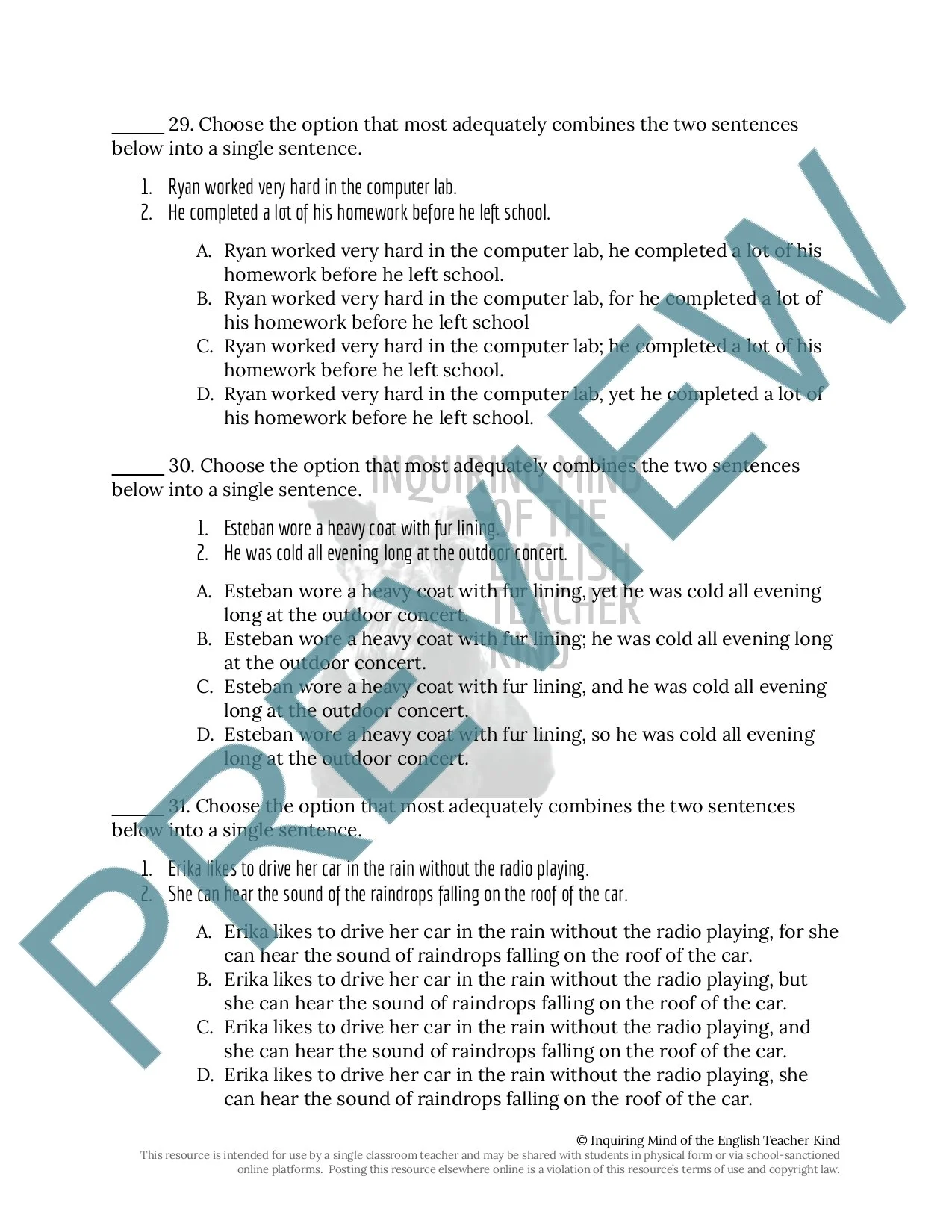 Grammar Worksheet on Commas, Semicolons, and Conjunctions with Answer ...