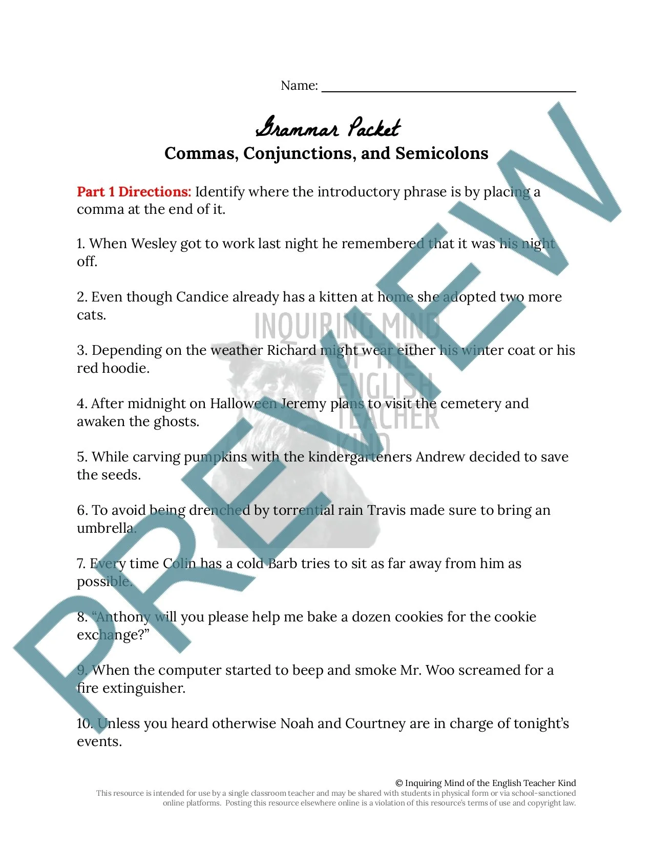 Grammar Worksheet on Commas, Semicolons, and Conjunctions with Answer ...