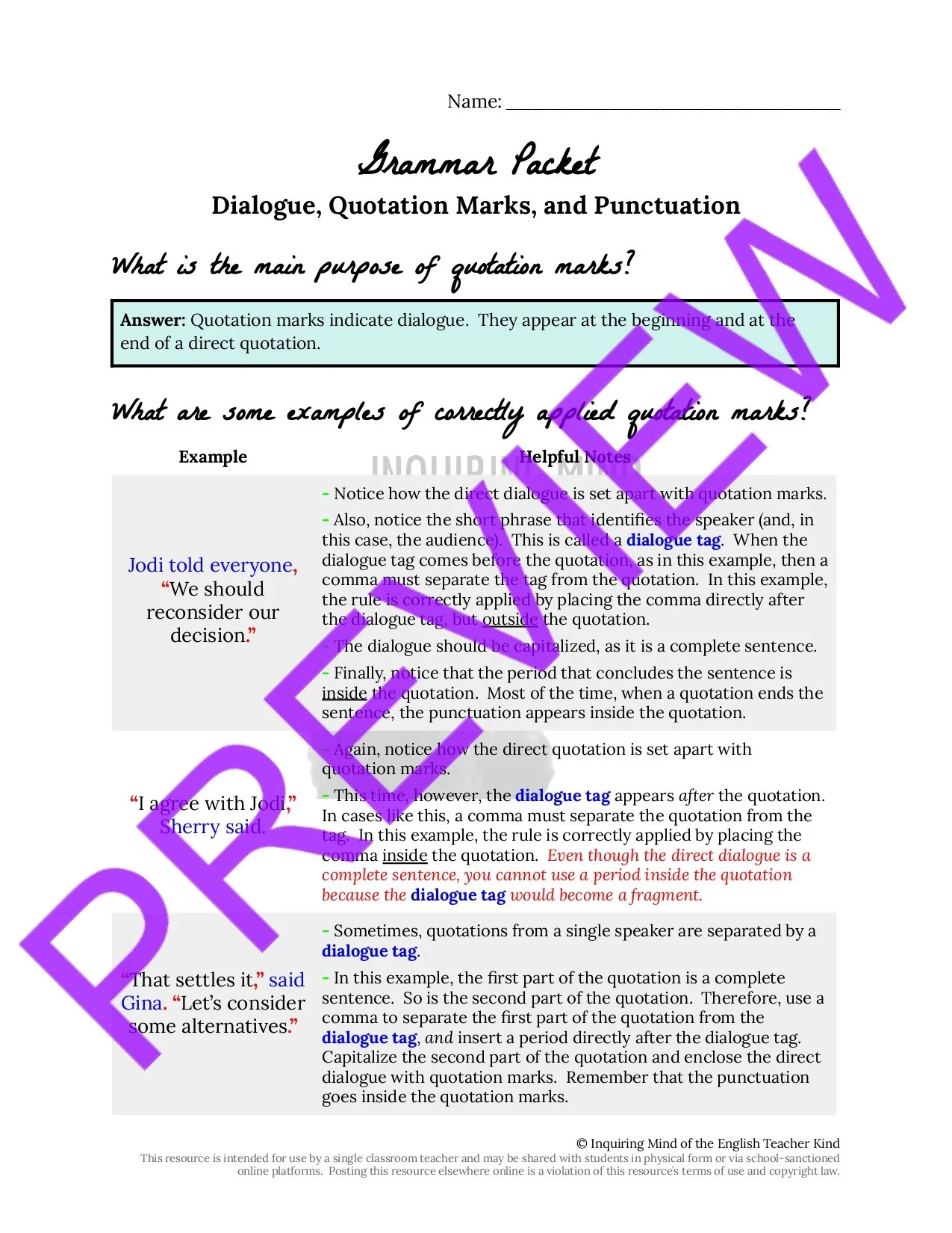 Grammar Practice Worksheet on Quotations and Punctuation Marks with ...
