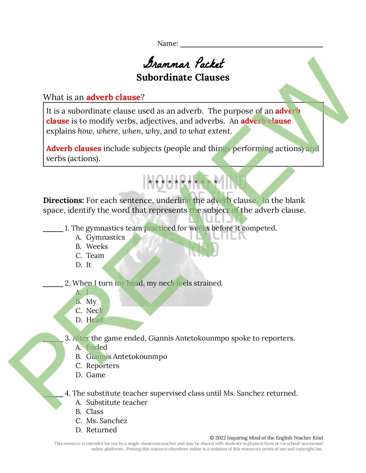 High School Grammar Practice Worksheet on Subordinate Clauses for High ...