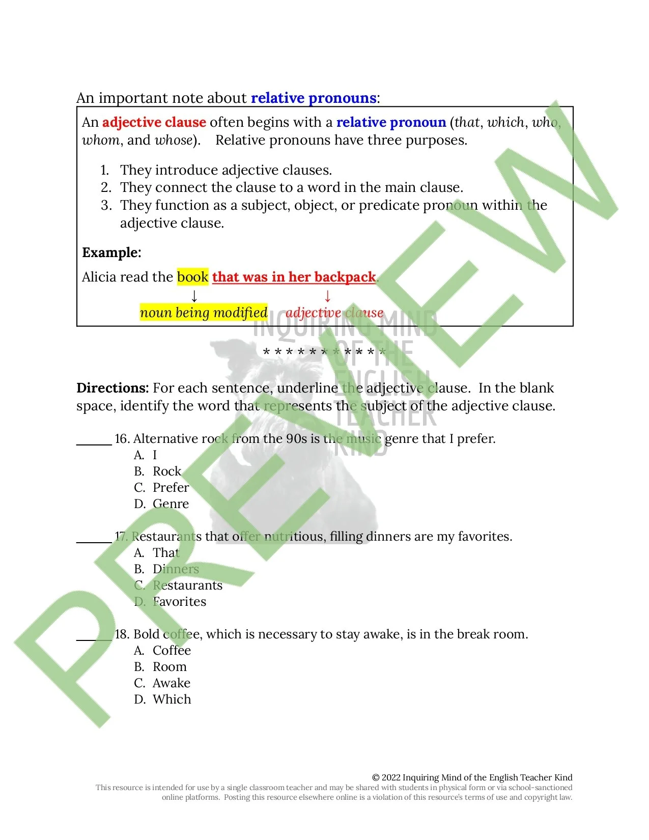 High School Grammar Practice Worksheet on Subordinate Clauses for High ...