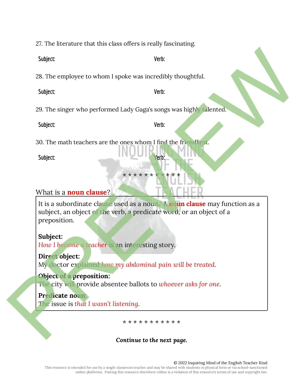 High School Grammar Practice Worksheet on Subordinate Clauses for High ...