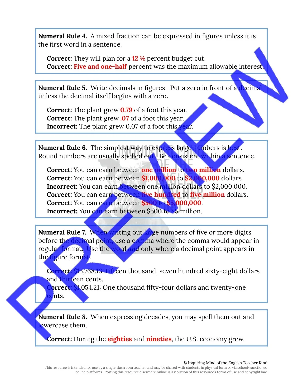 High School Grammar Review Worksheet on Writing Numerals — Inquiring ...