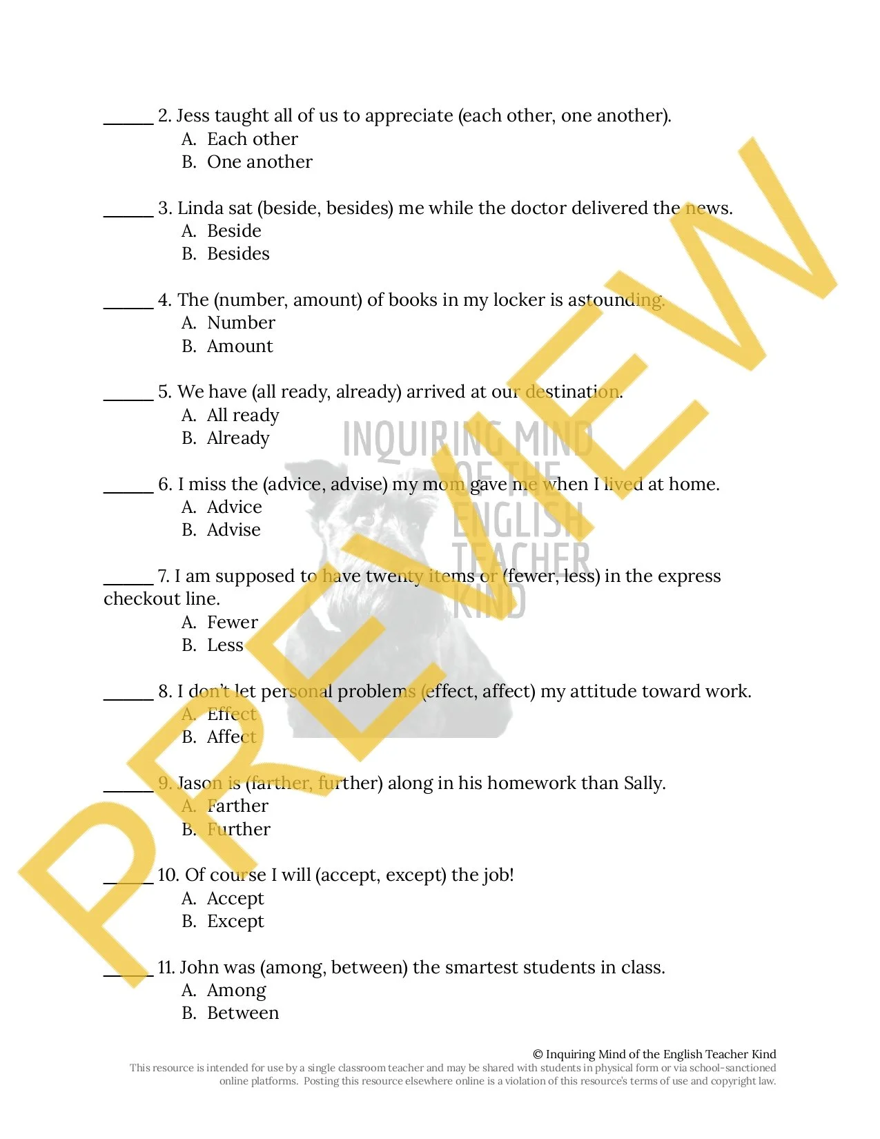 High School Grammar Practice Worksheet on Word Usage Errors with Answer ...