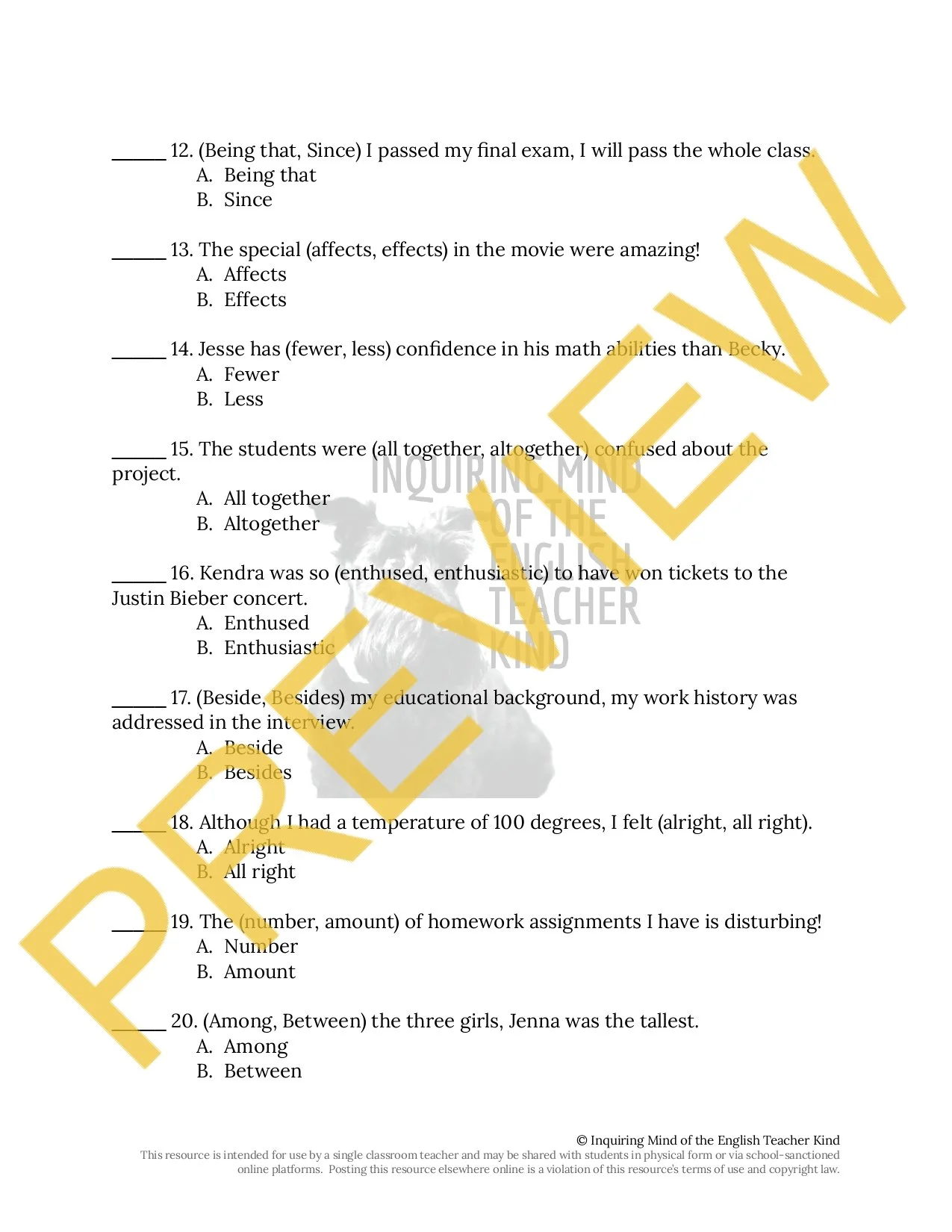 High School Grammar Practice Worksheet on Word Usage Errors with Answer ...