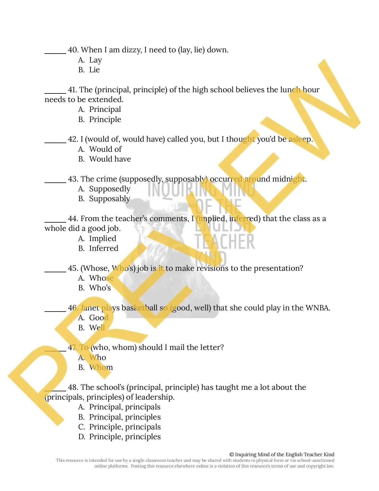 High School Grammar Practice Worksheet on Word Usage Errors with Answer ...