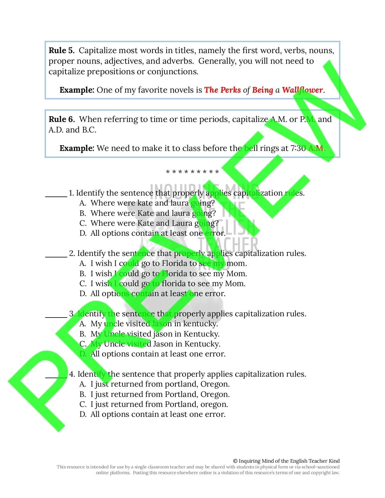 High School Grammar Practice Worksheet on Capitalization Errors with ...