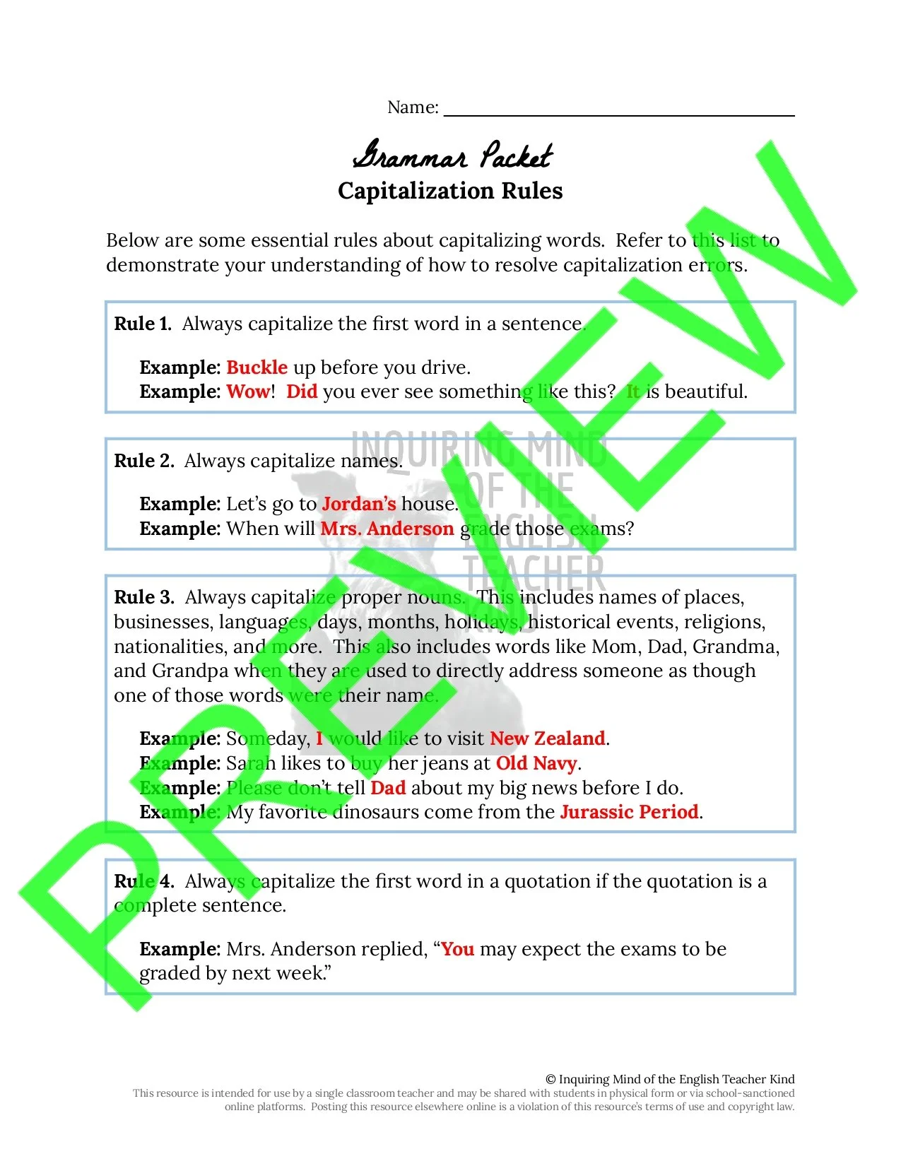 High School Grammar Practice Worksheet on Capitalization Errors with ...