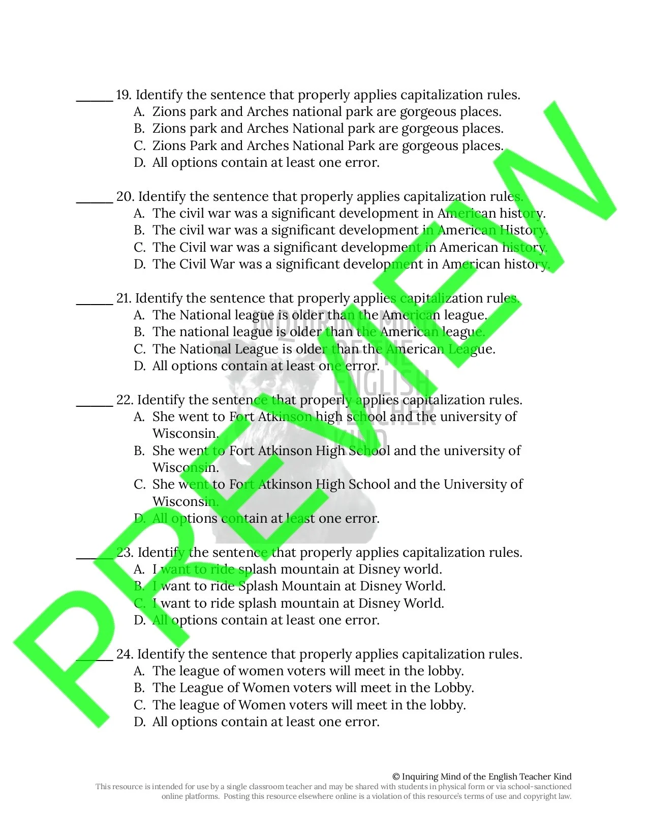 High School Grammar Practice Worksheet on Capitalization Errors with ...
