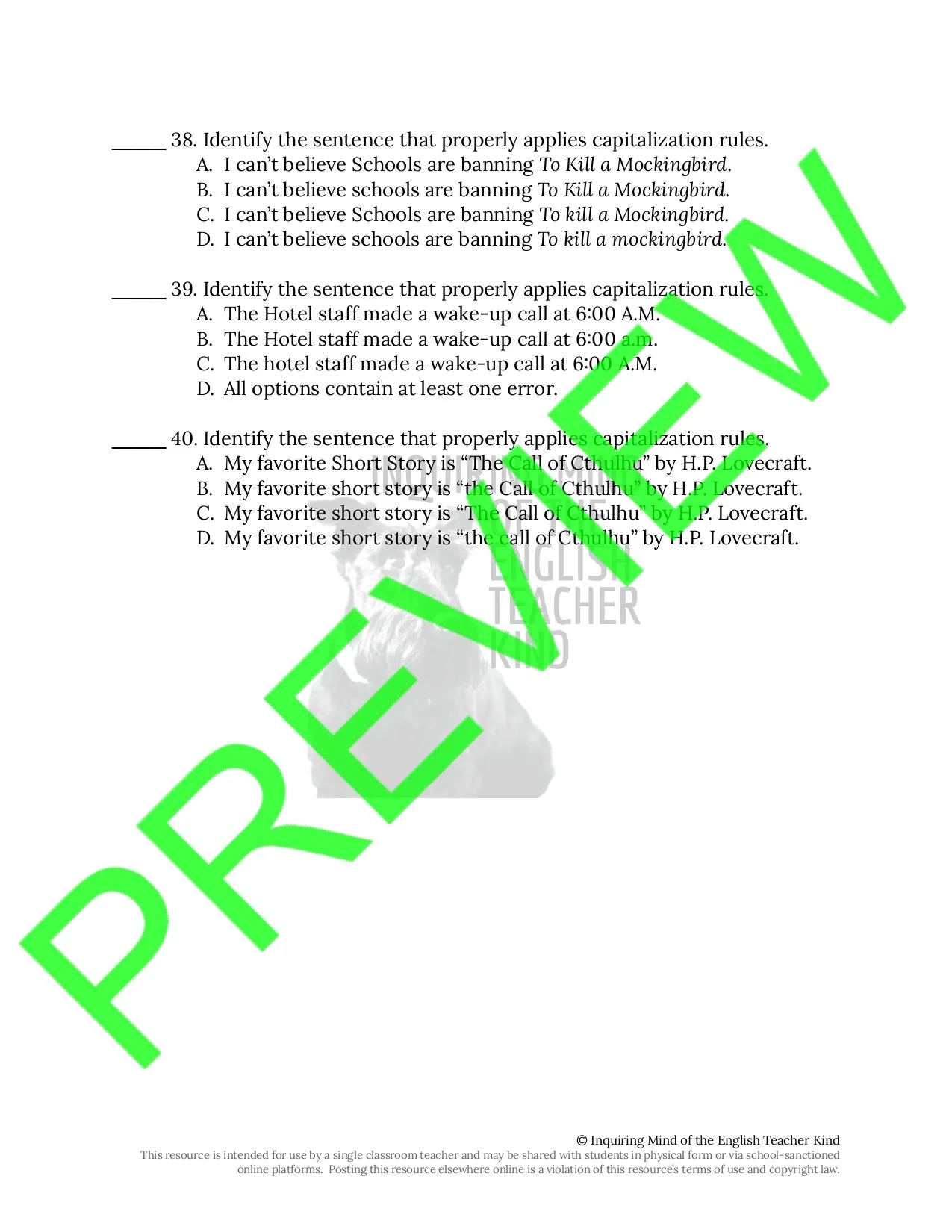 High School Grammar Practice Worksheet On Capitalization Errors With Answer Key — Inquiring Mind