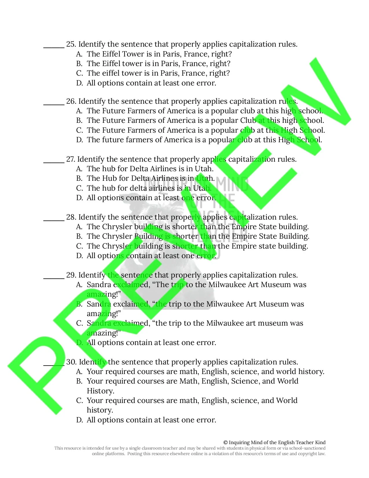 High School Grammar Practice Worksheet On Capitalization Errors With Answer Key — Inquiring Mind