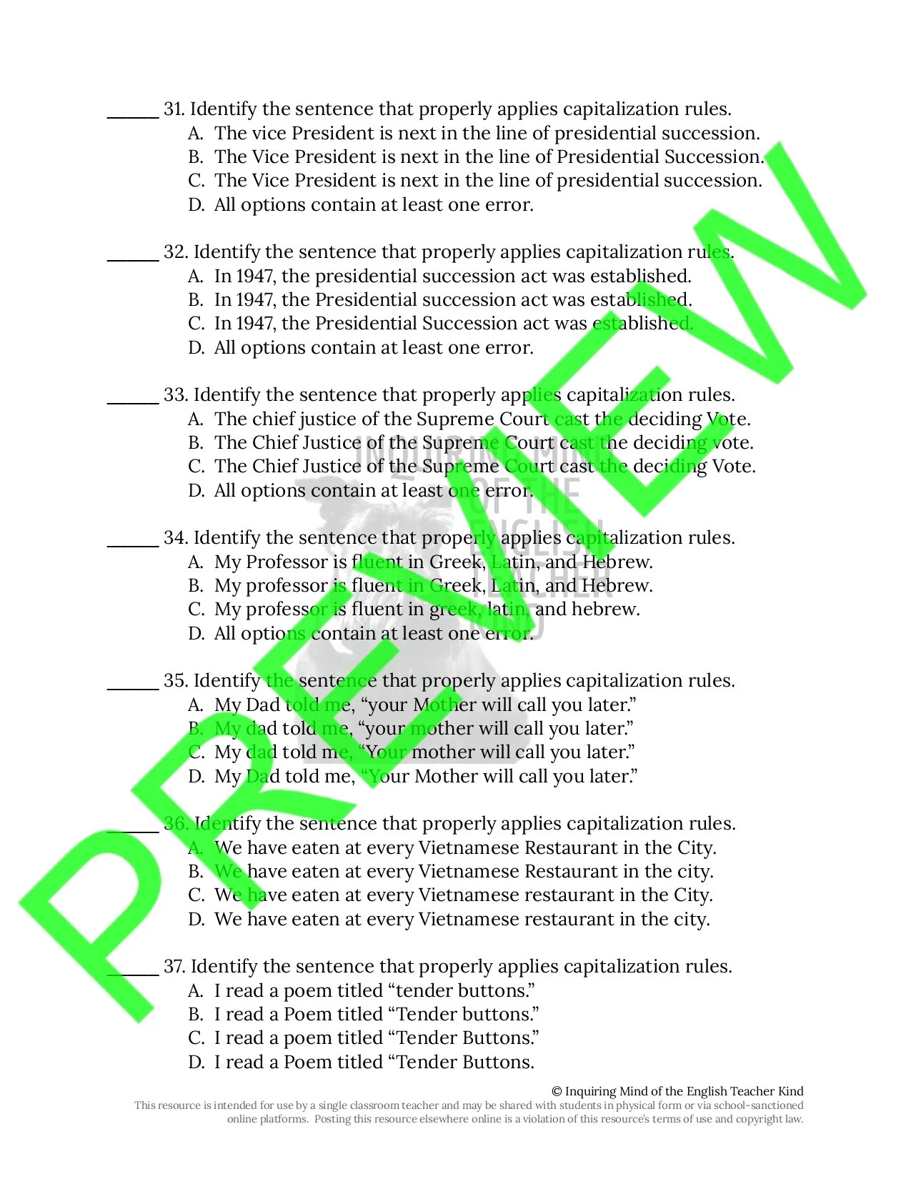 High School Grammar Practice Worksheet on Capitalization Errors with ...