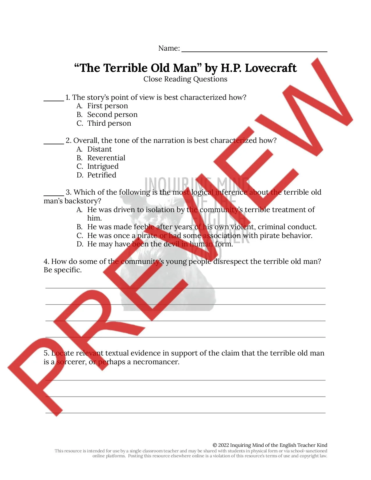 "The Terrible Old Man" by H.P. Lovecraft Quiz and Close Reading Bundle ...