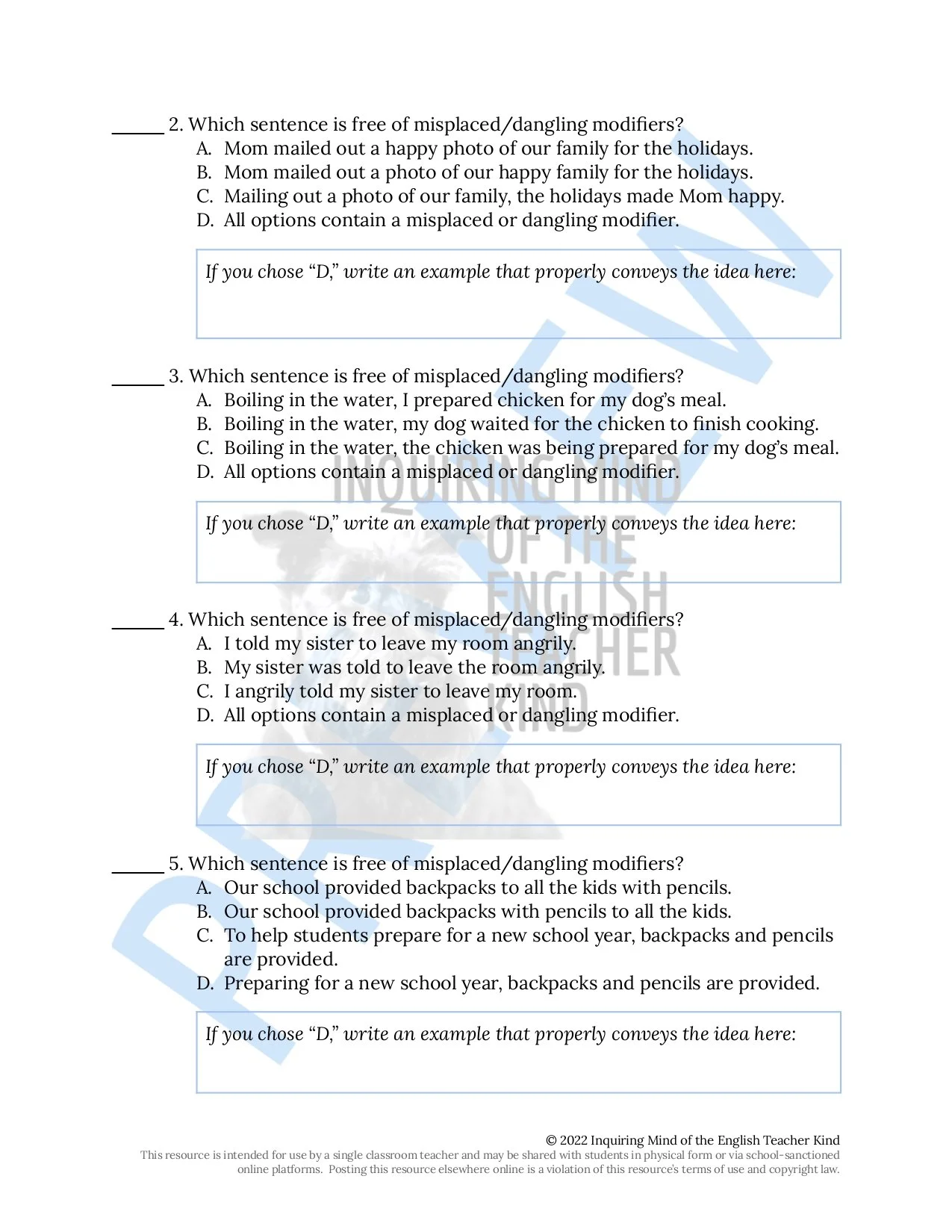 Grammar Practice Worksheet on Misplaced and Dangling Modifiers for High ...