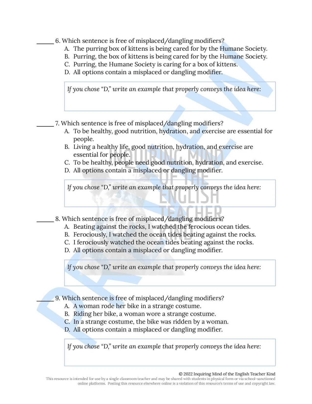 Grammar Practice Worksheet on Misplaced and Dangling Modifiers for High ...