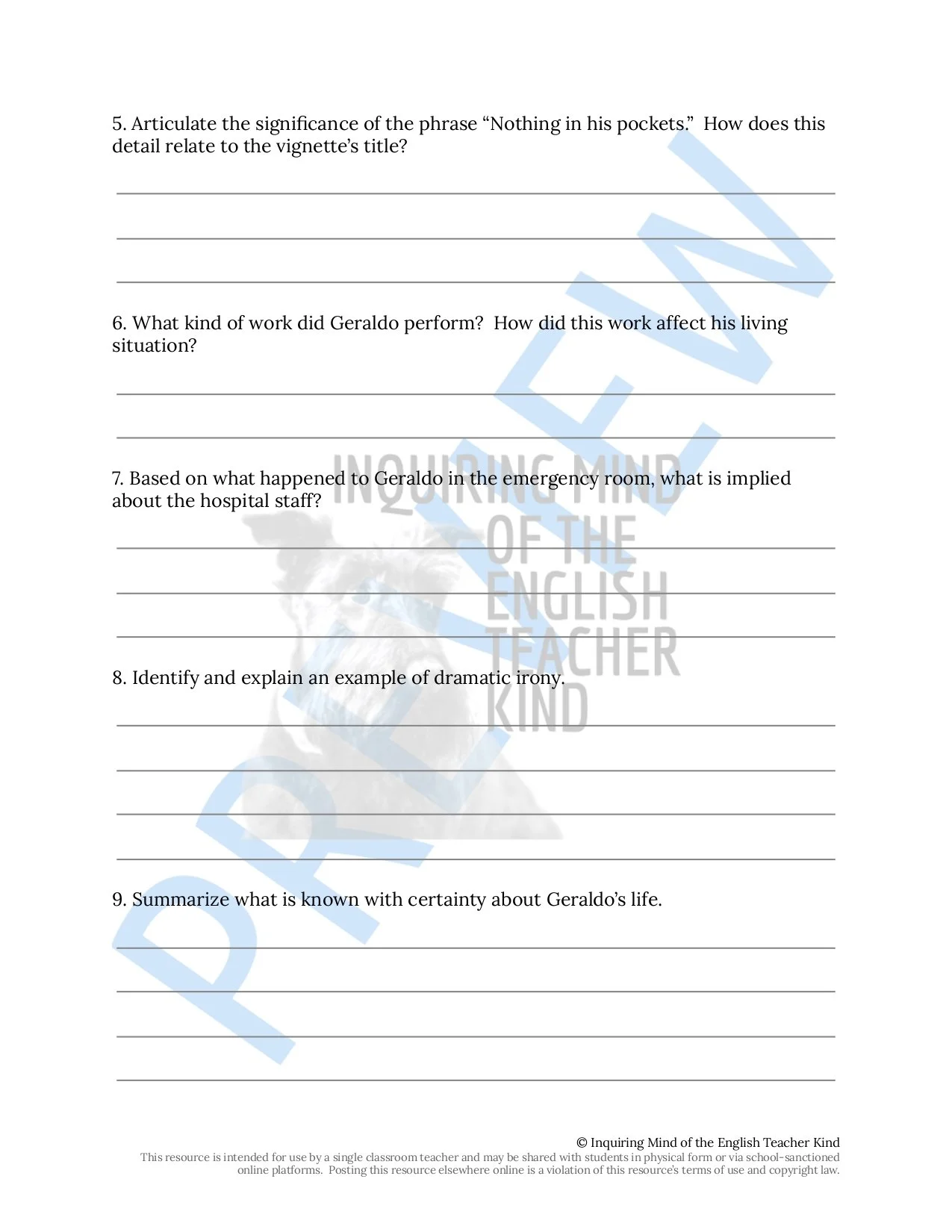 The House on Mango Street - Close Reading Worksheet on "Geraldo No Last ...