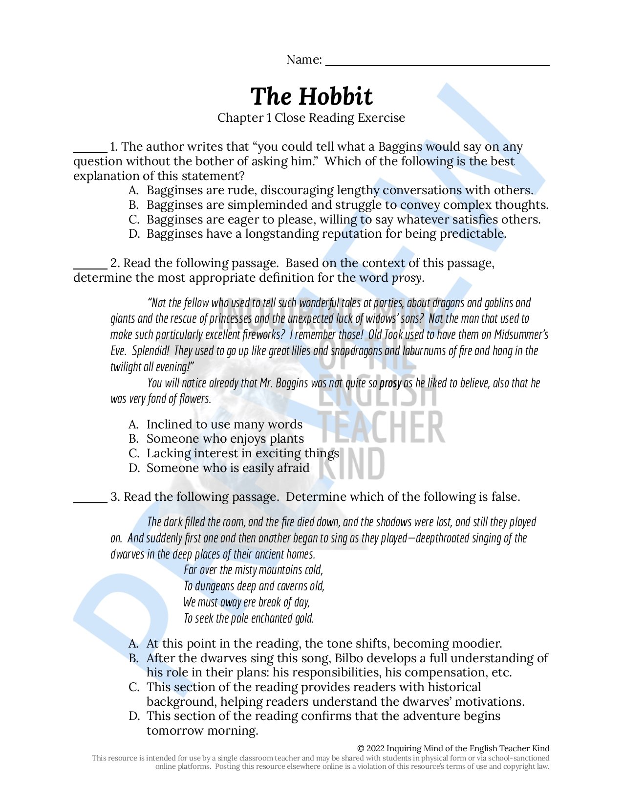 The Hobbit Close Reading Worksheets Bundle with Answer Keys — Inquiring ...