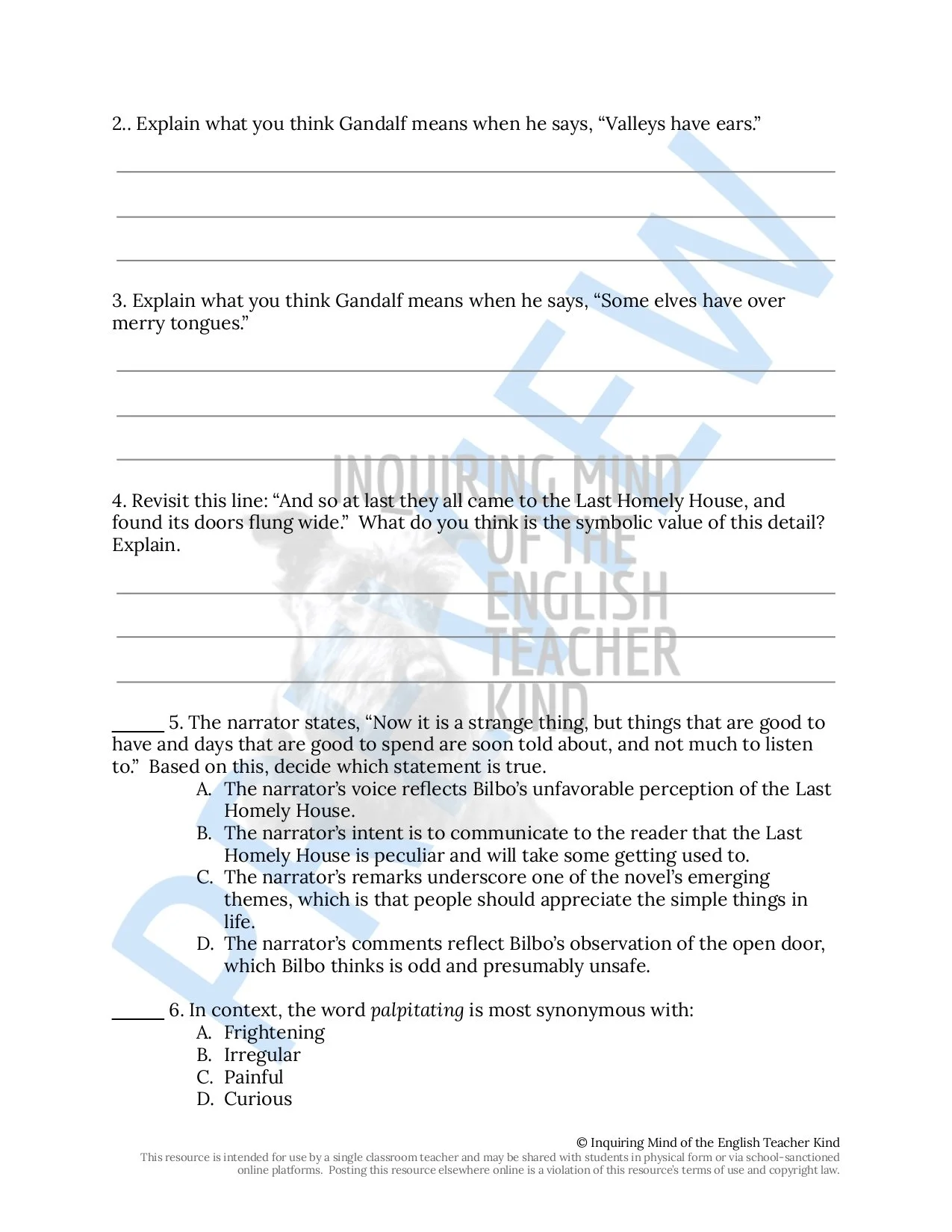 The Hobbit Close Reading Worksheets Bundle with Answer Keys — Inquiring ...