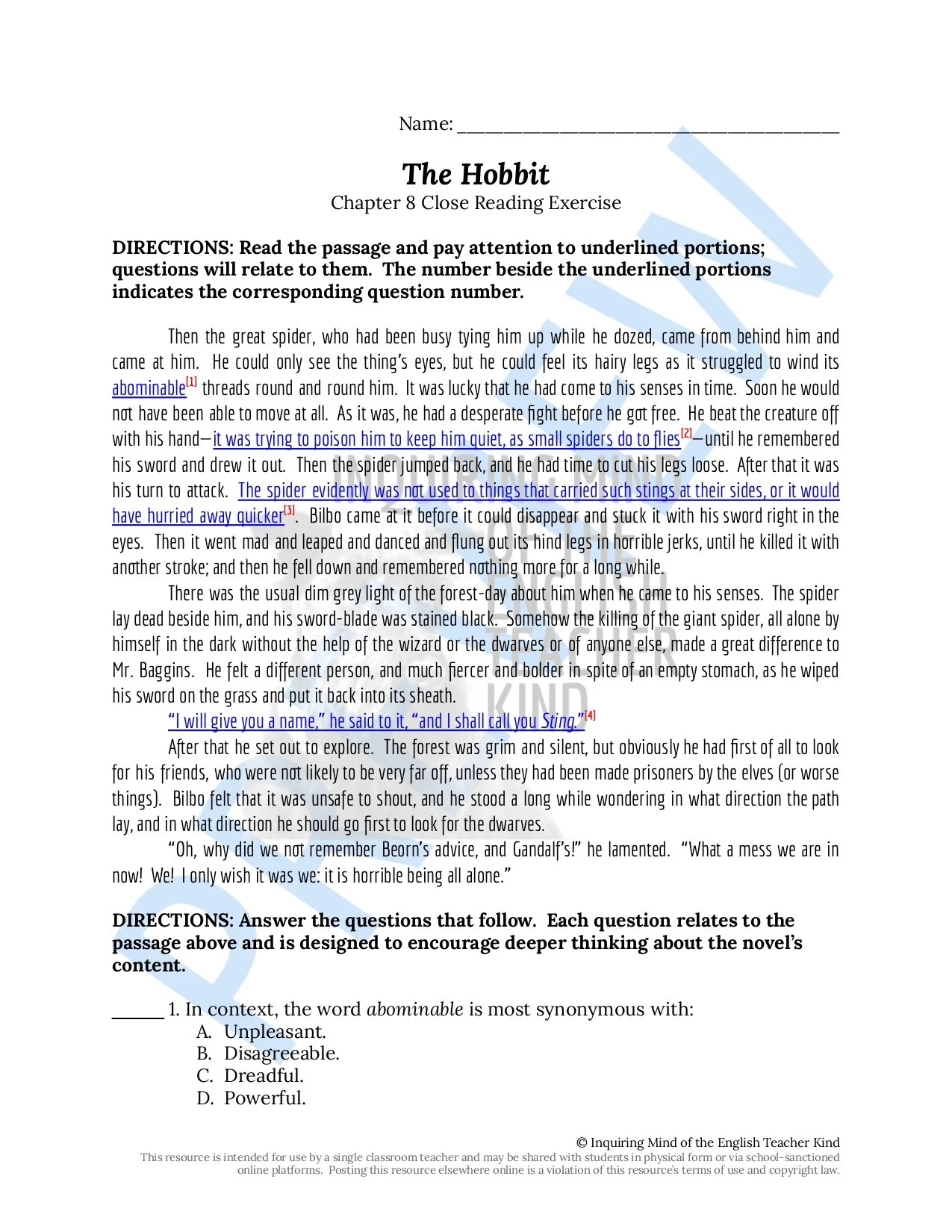 The Hobbit Close Reading Worksheets Bundle with Answer Keys — Inquiring ...