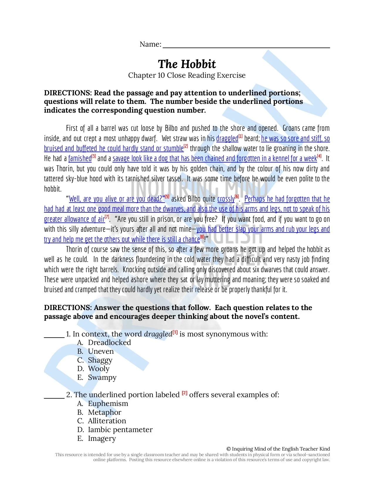 The Hobbit Close Reading Worksheets Bundle with Answer Keys — Inquiring ...