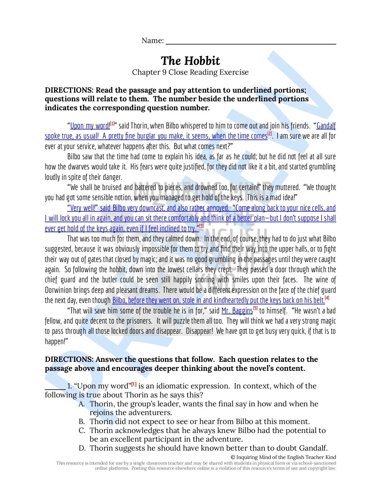 The Hobbit Close Reading Worksheets Bundle with Answer Keys — Inquiring ...