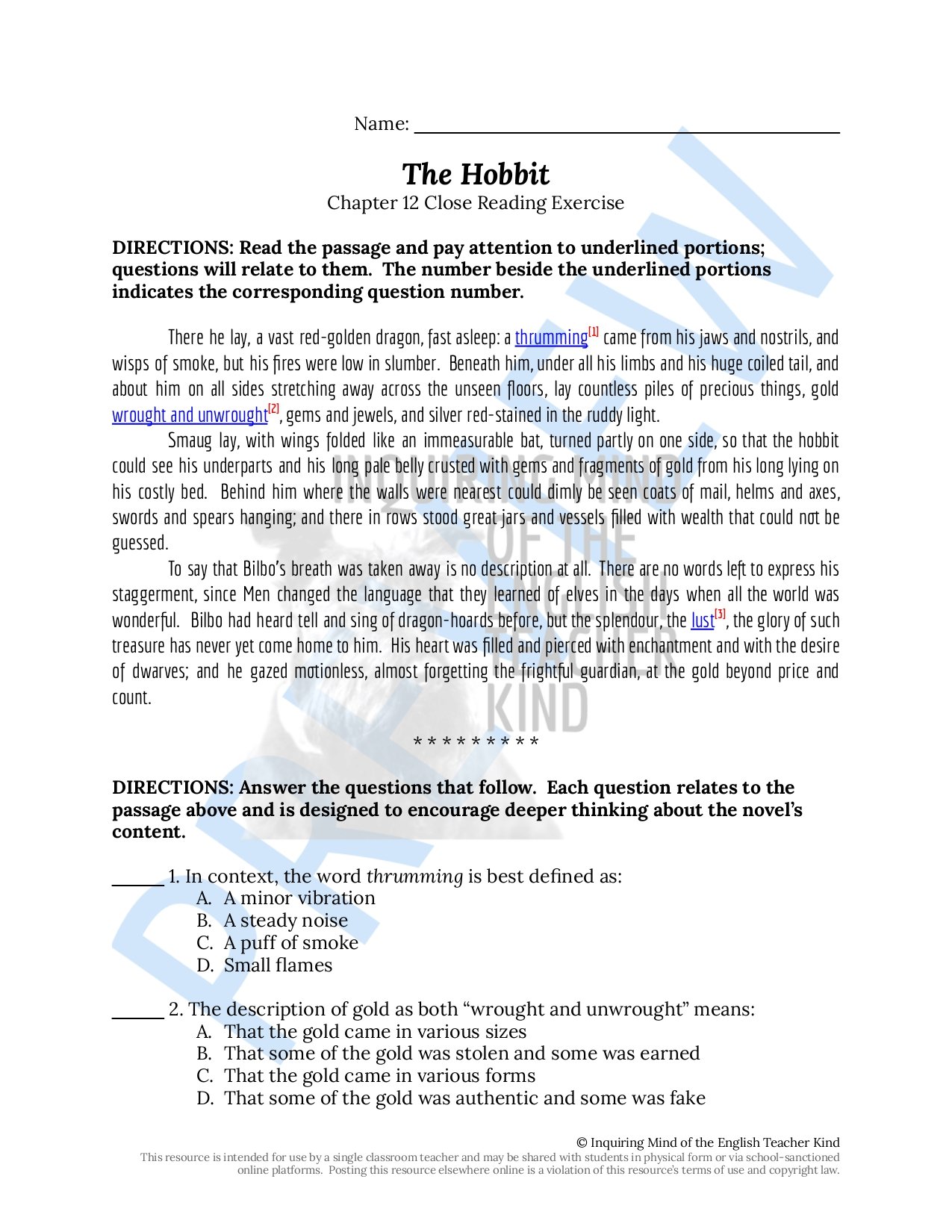 The Hobbit Close Reading Worksheets Bundle with Answer Keys — Inquiring ...