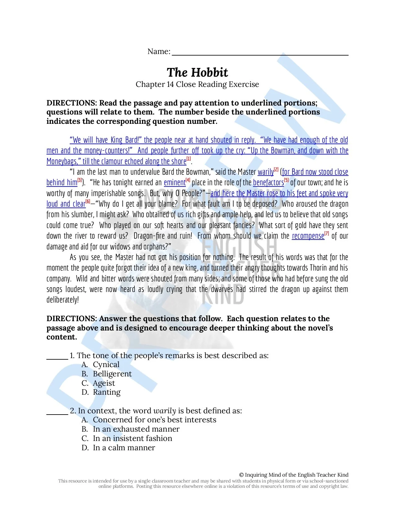 The Hobbit Close Reading Worksheets Bundle with Answer Keys — Inquiring ...