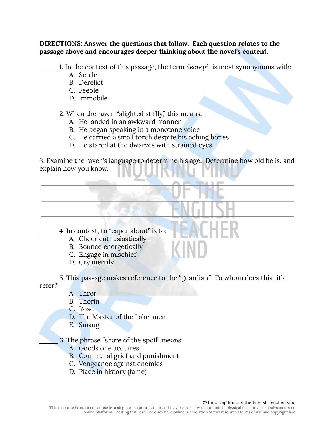 The Hobbit Close Reading Worksheets Bundle with Answer Keys — Inquiring ...