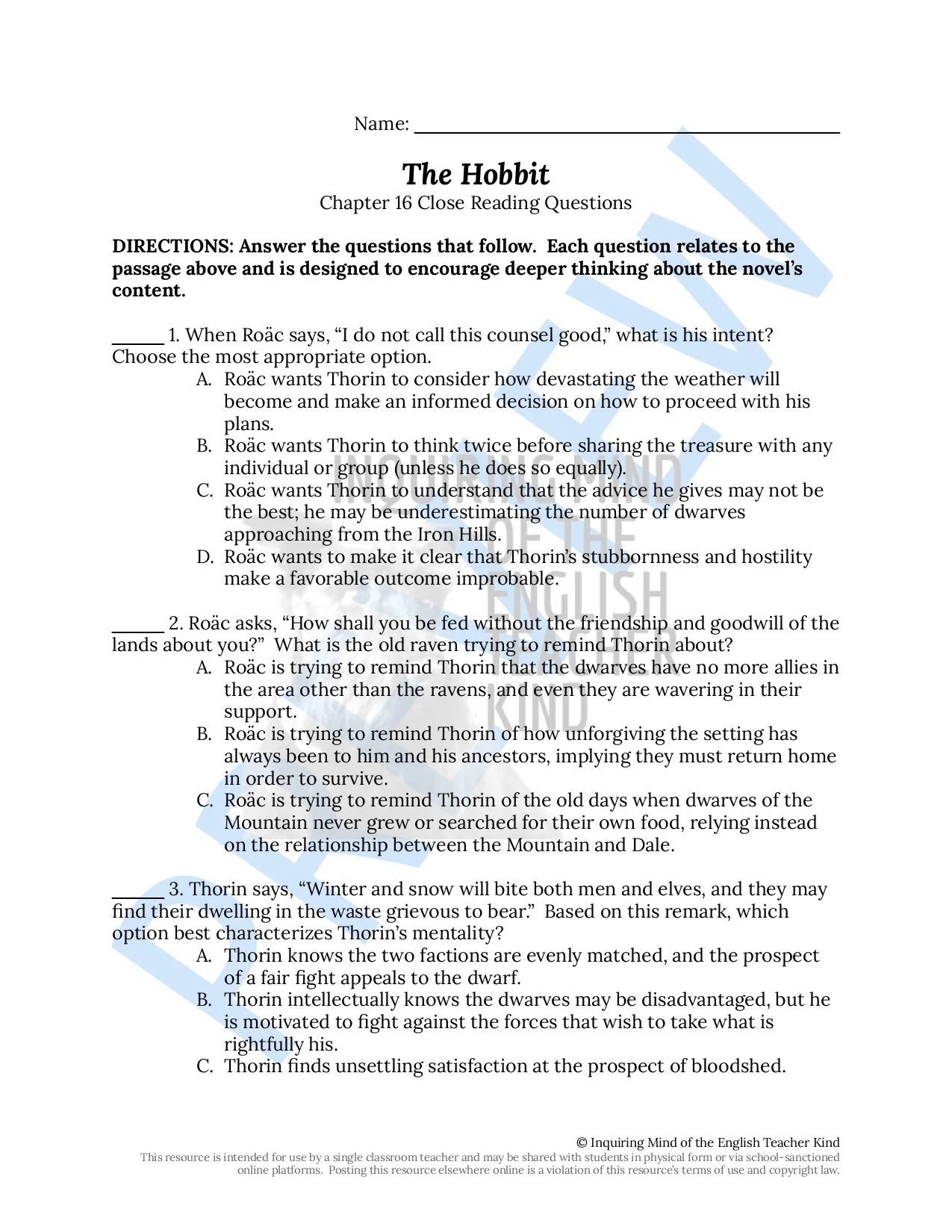 The Hobbit Close Reading Worksheets Bundle with Answer Keys — Inquiring ...