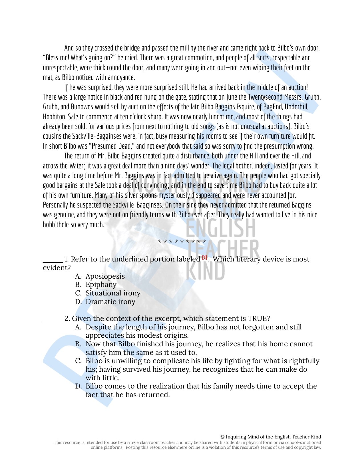 The Hobbit Close Reading Worksheets Bundle with Answer Keys — Inquiring ...