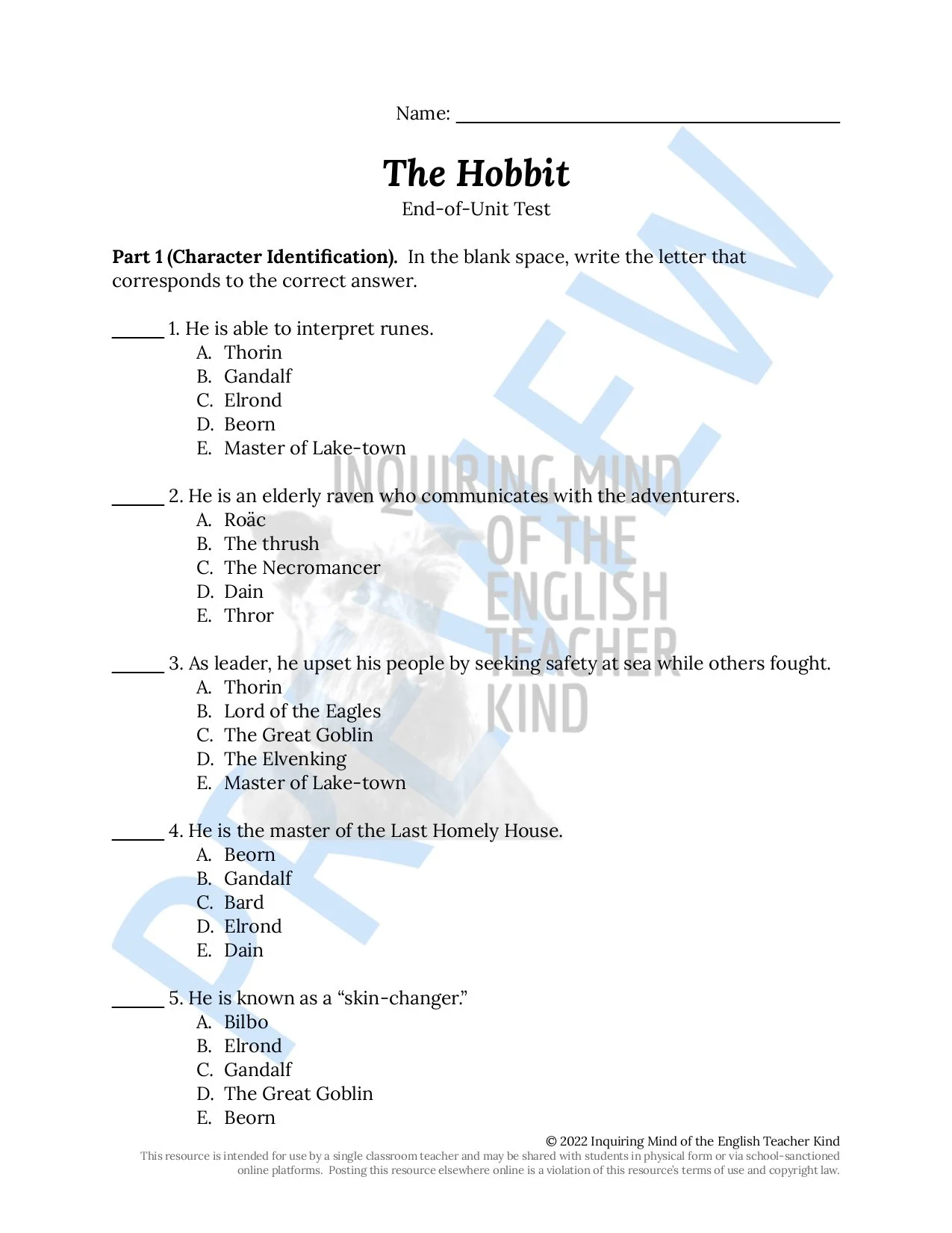 The Hobbit Test and Answer Key — Inquiring Mind of the English Teacher Kind