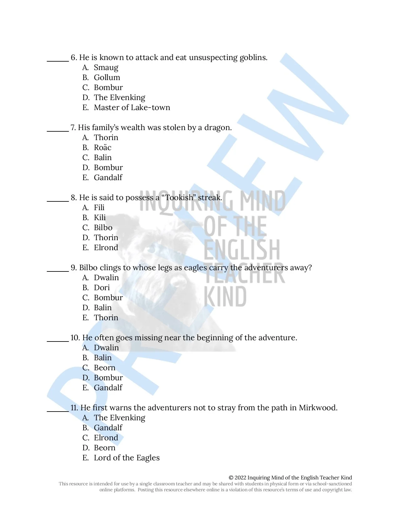 The Hobbit Test and Answer Key — Inquiring Mind of the English Teacher Kind