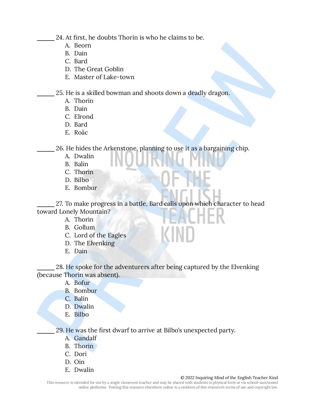The Hobbit Test and Answer Key — Inquiring Mind of the English Teacher Kind