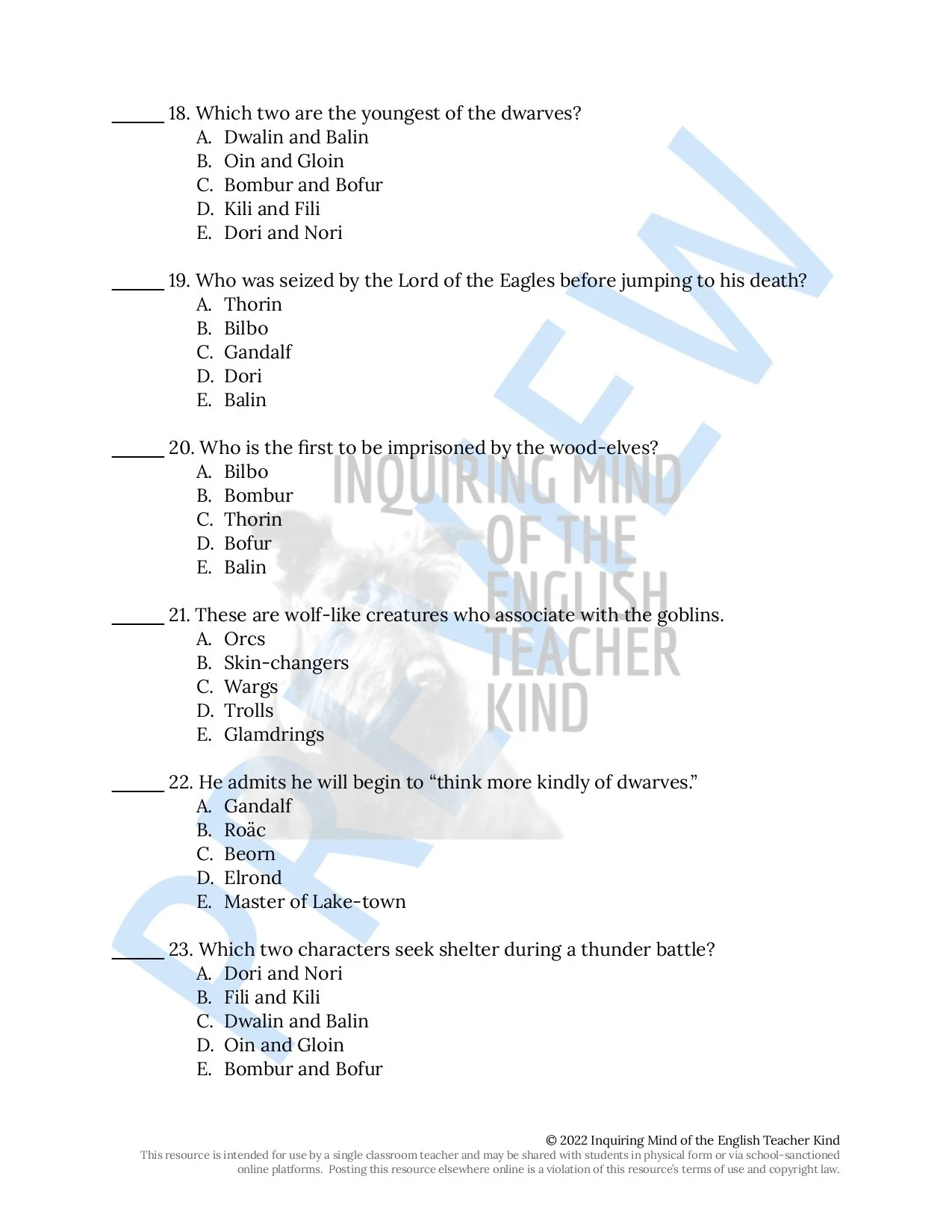 The Hobbit Test and Answer Key — Inquiring Mind of the English Teacher Kind
