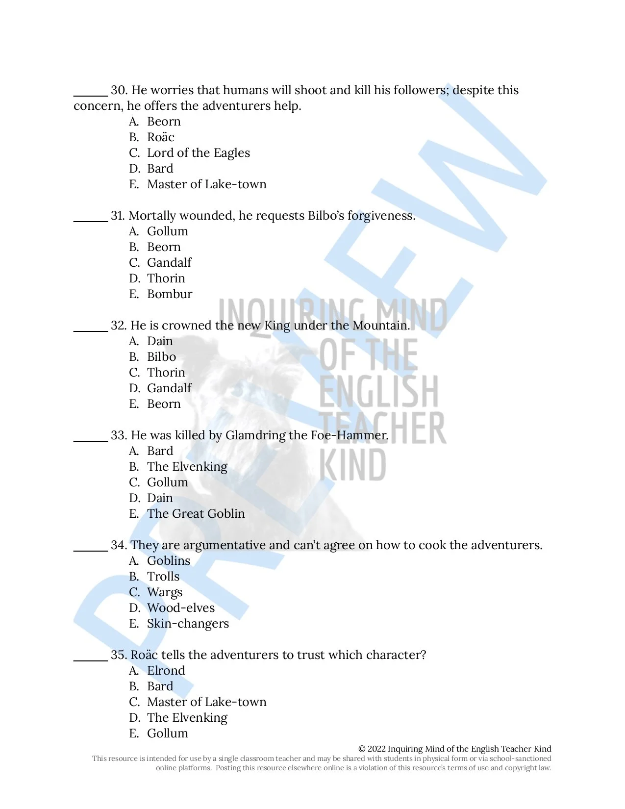 The Hobbit Test and Answer Key — Inquiring Mind of the English Teacher Kind