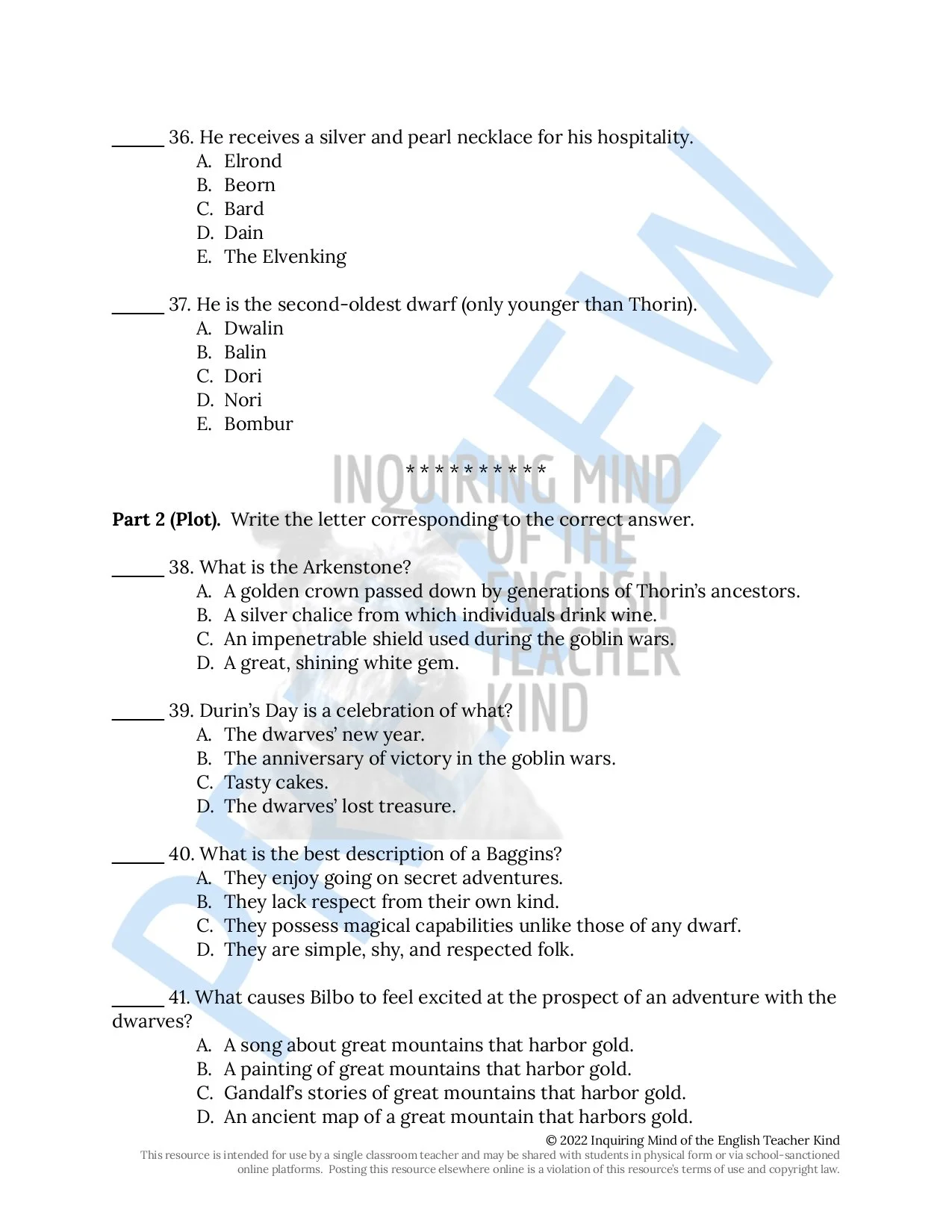 The Hobbit Test and Answer Key — Inquiring Mind of the English Teacher Kind