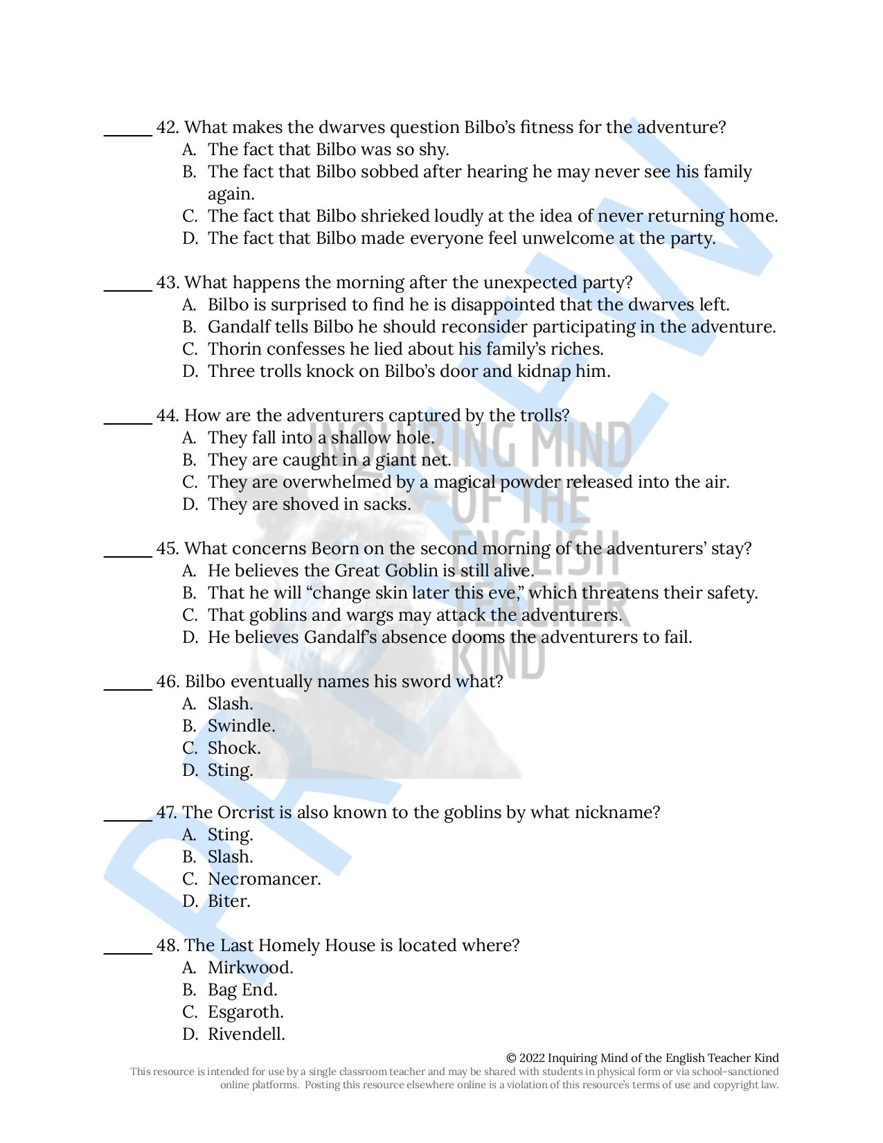 The Hobbit Test and Answer Key — Inquiring Mind of the English Teacher Kind
