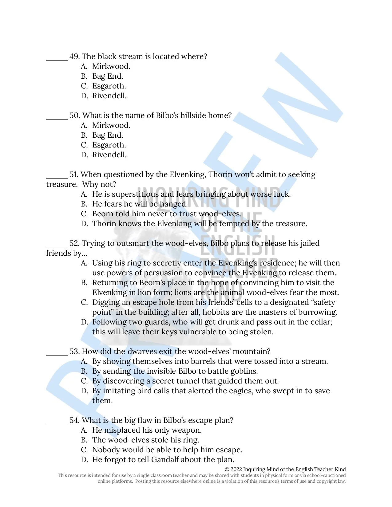 The Hobbit Test and Answer Key — Inquiring Mind of the English Teacher Kind