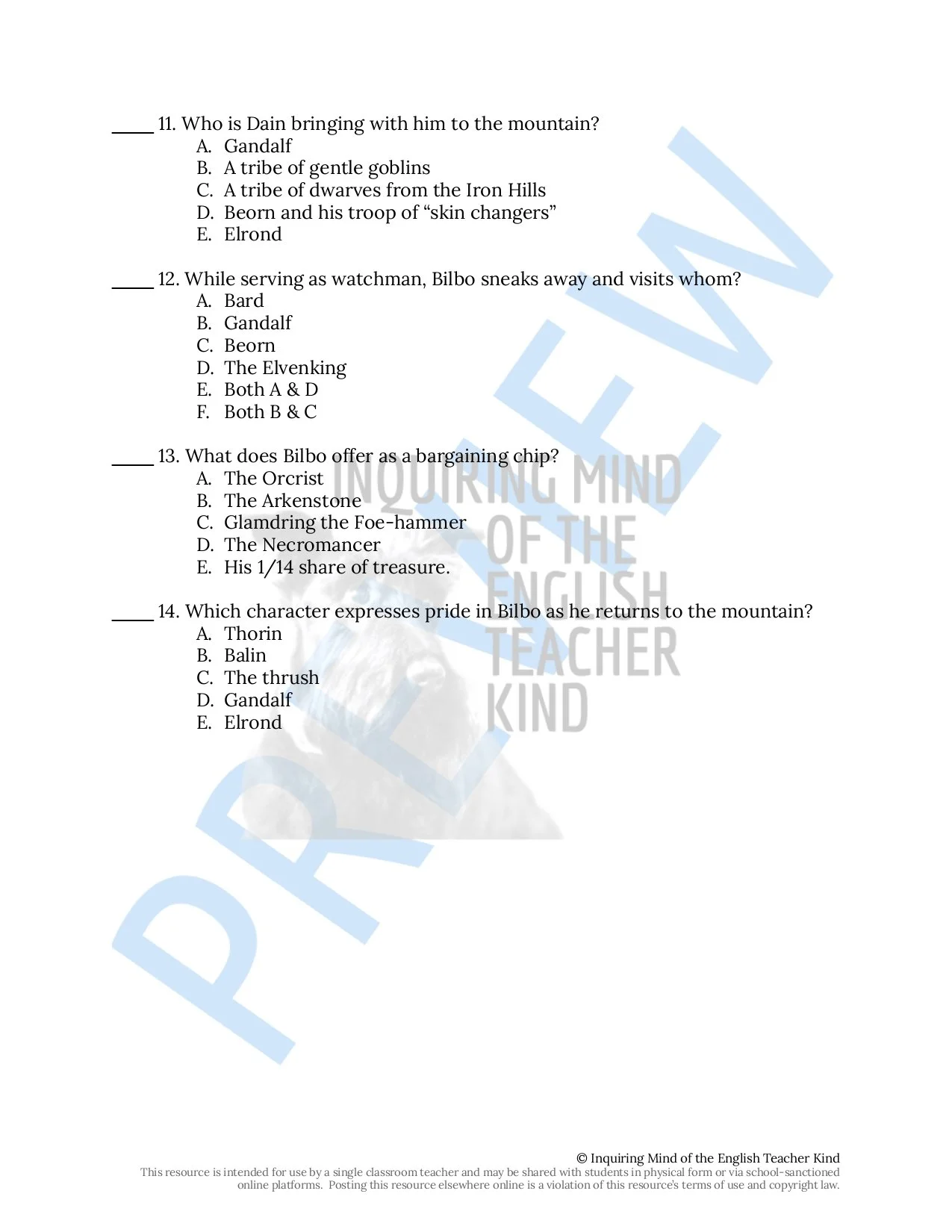 The Hobbit Quiz and Answer Key Bundle — Inquiring Mind of the English ...