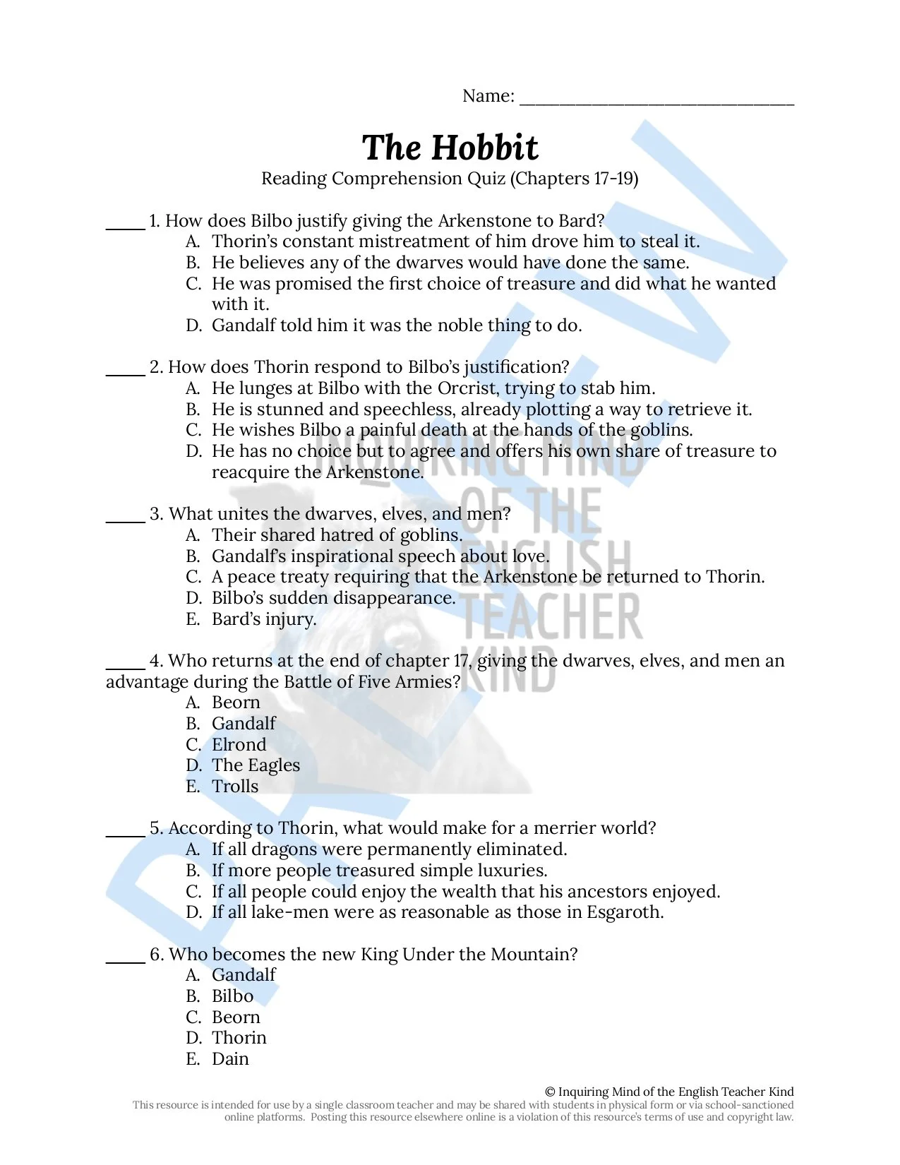 The Hobbit Quiz and Answer Key Bundle — Inquiring Mind of the English ...