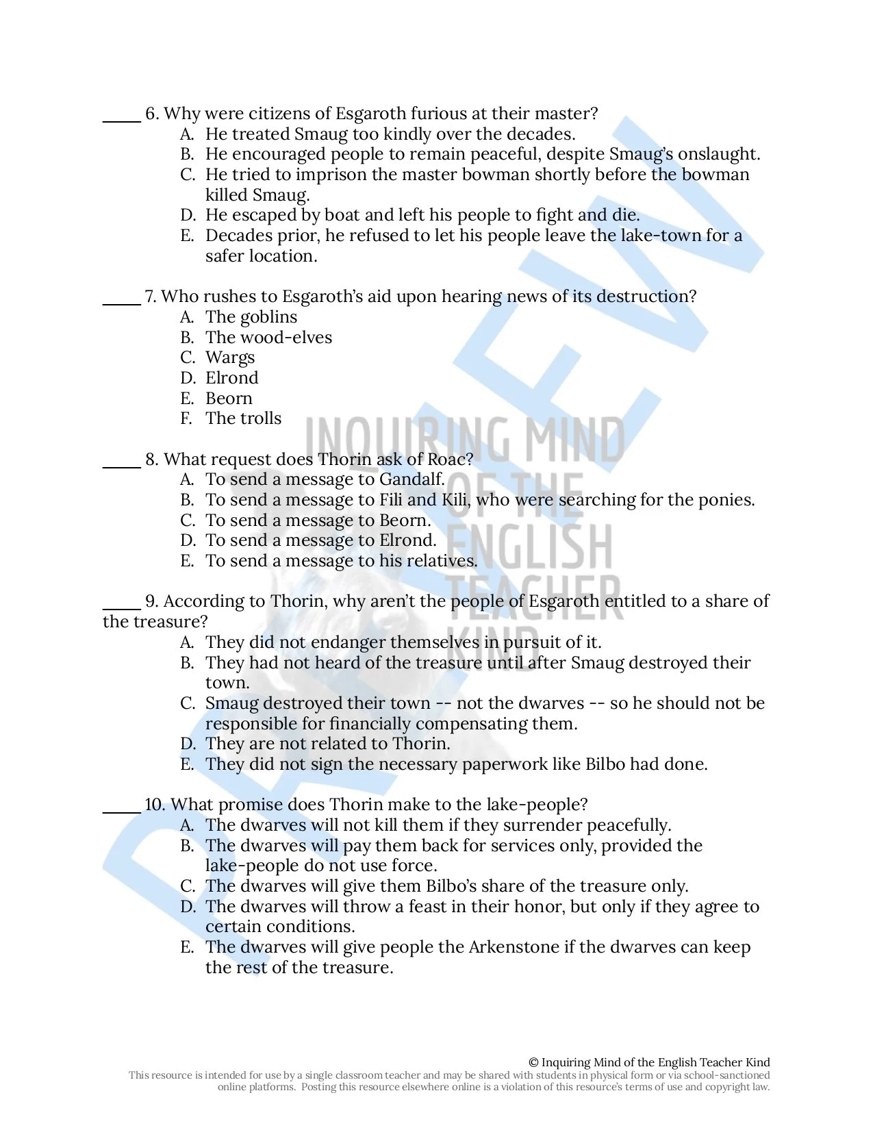 The Hobbit Quiz and Answer Key Bundle — Inquiring Mind of the English ...