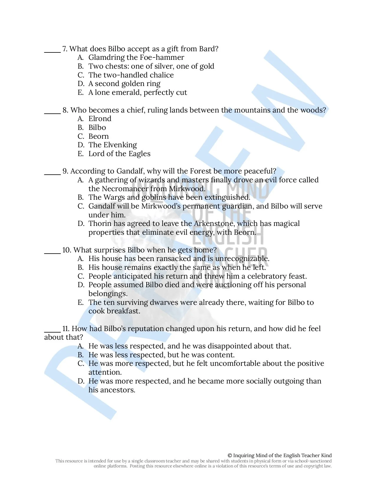 The Hobbit Quiz and Answer Key Bundle — Inquiring Mind of the English ...