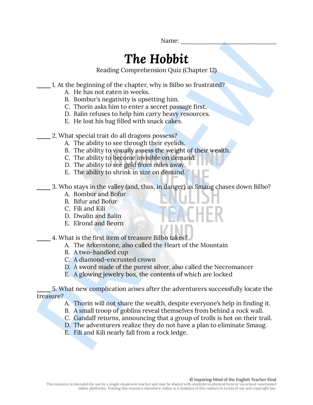 The Hobbit Quiz and Answer Key Bundle — Inquiring Mind of the English ...