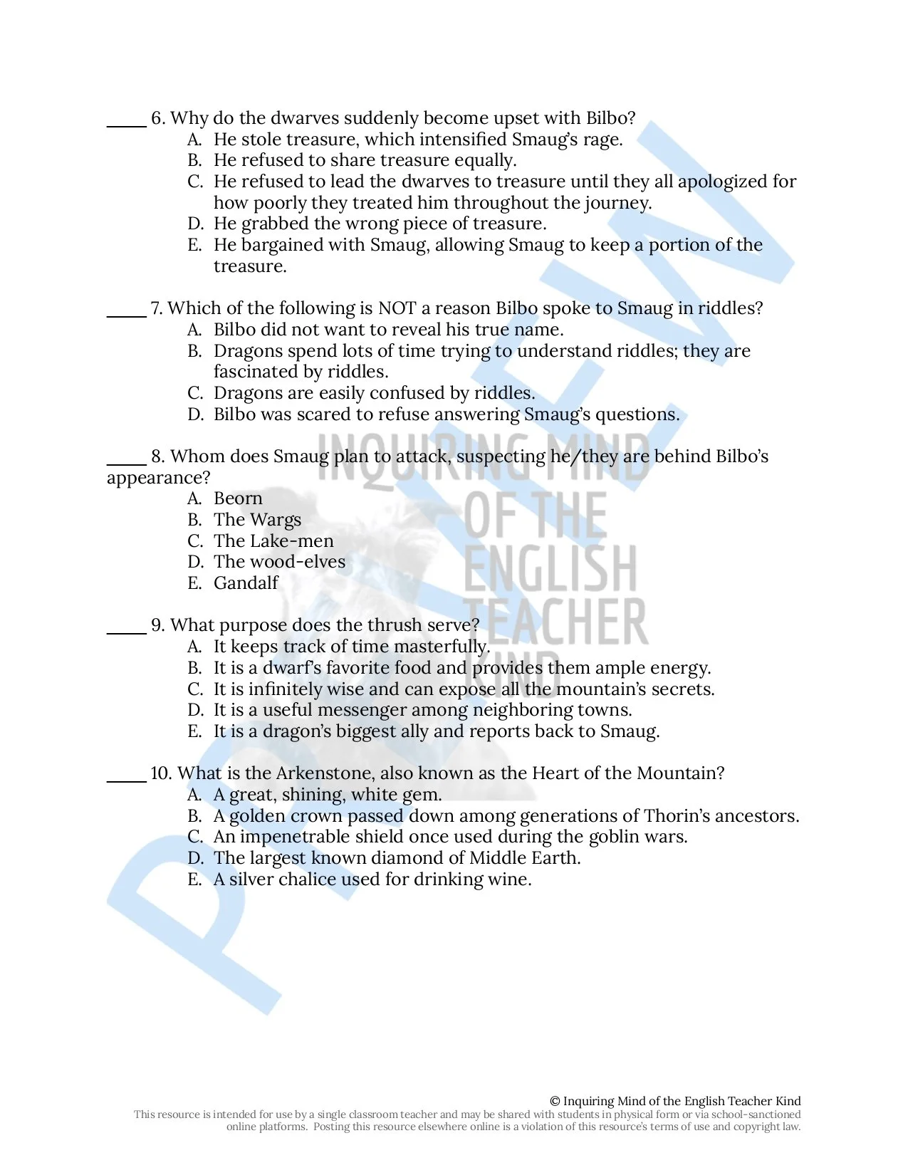 The Hobbit Quiz and Answer Key Bundle — Inquiring Mind of the English ...