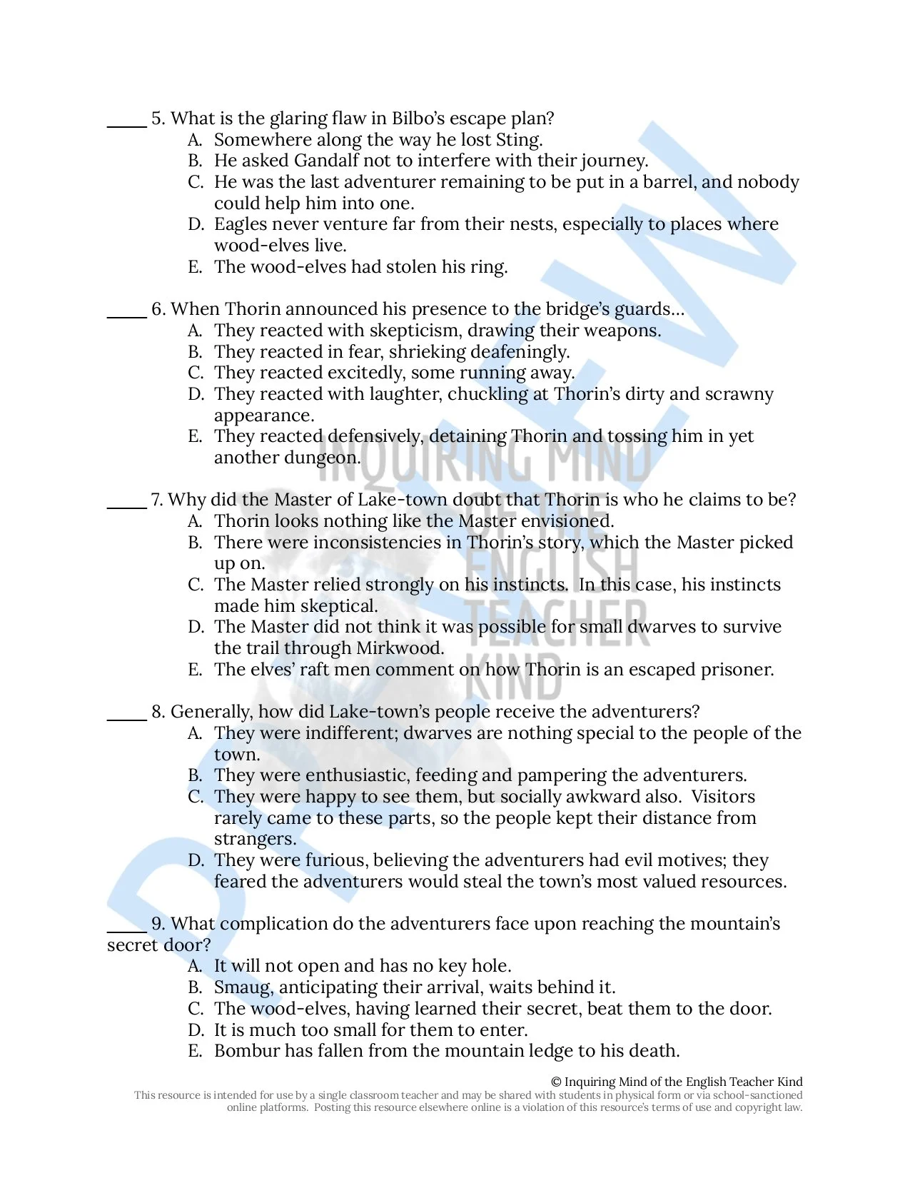 The Hobbit Quiz and Answer Key Bundle — Inquiring Mind of the English ...